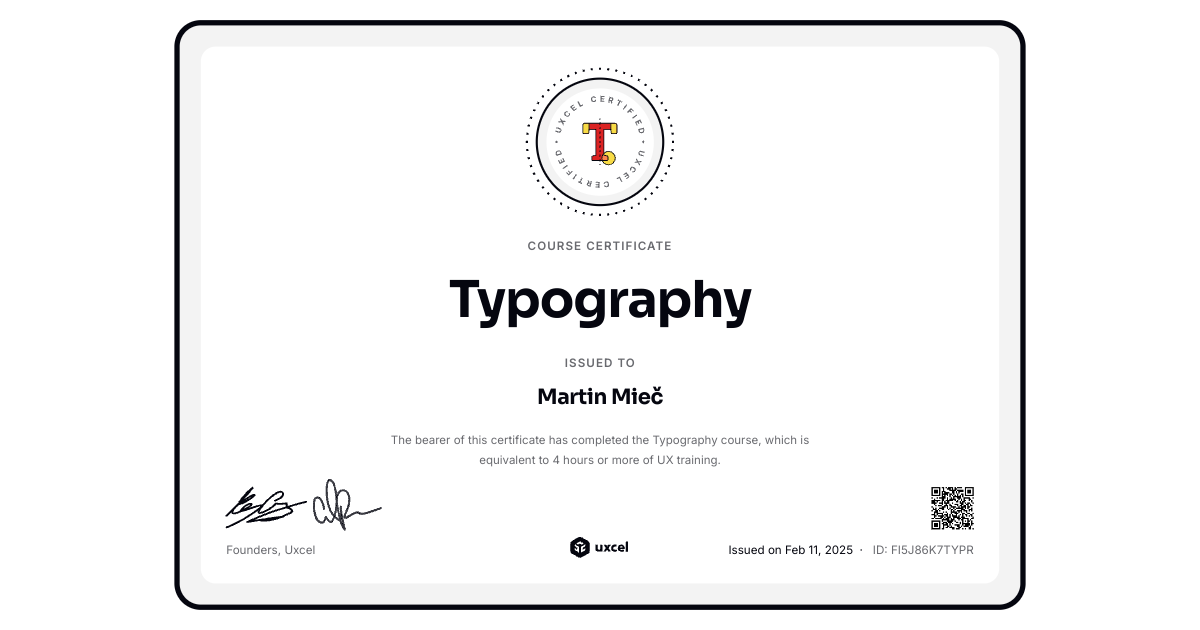 Certificate of completion for Typography | Uxcel
